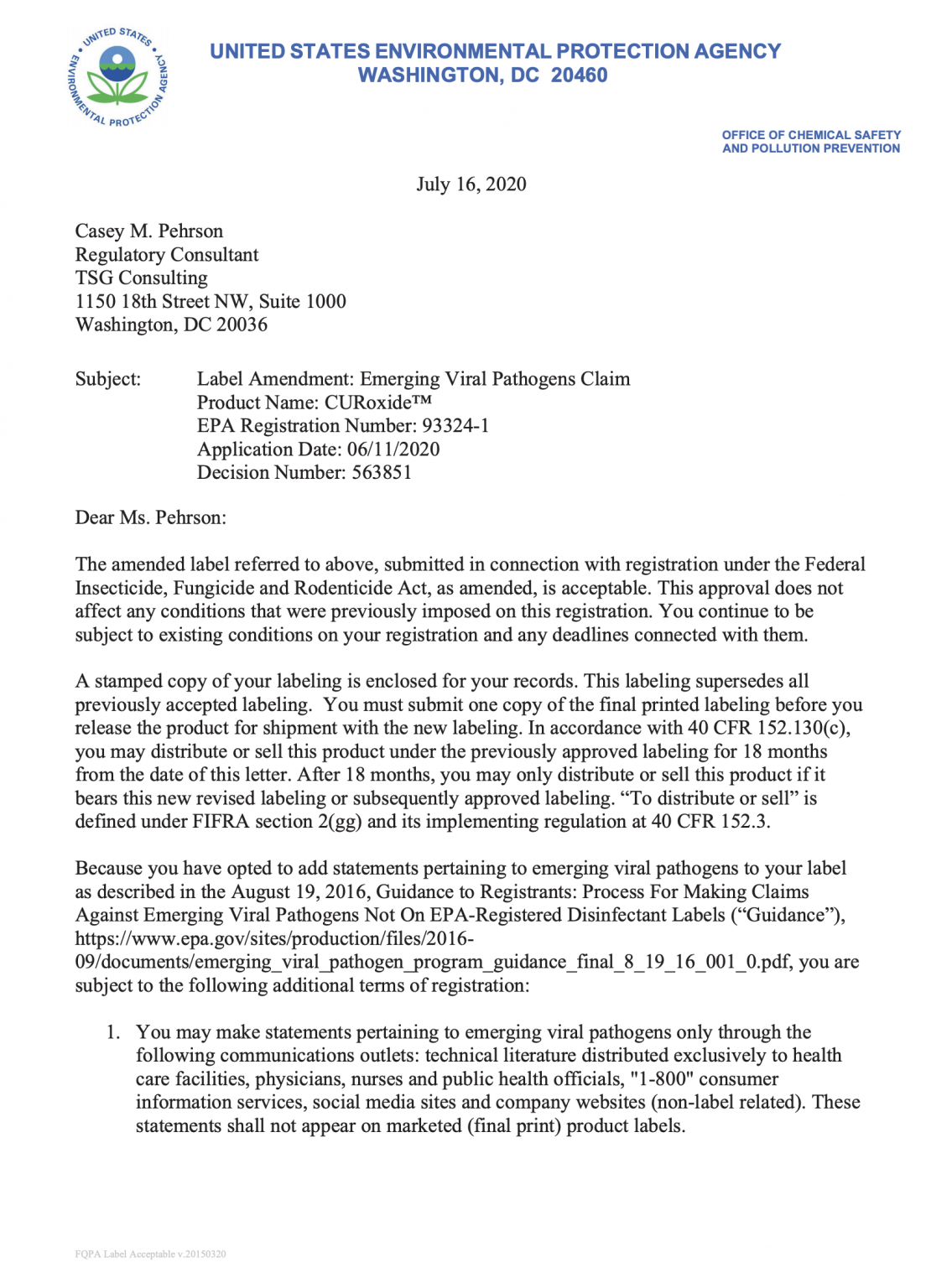 CURoxide™; United States EPA: Emerging Viral Pathogens Claim ...